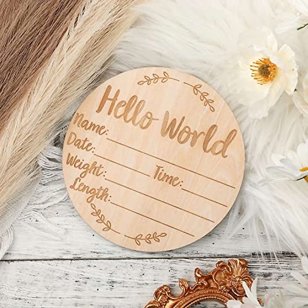 Wooden Baby Announcement Sign, 5.9 Inch Round New Baby Sign Hello World Newborn Welcome Sign for Hospital Photo Prop Baby Shower New Parents (Style 2)