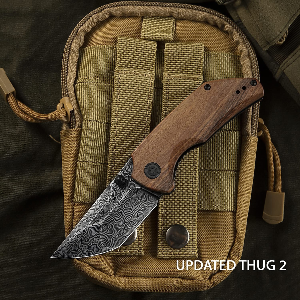 CIVIVI Thug 2 Pocket Knife for EDC, Matthew Christensen 2.69inch Damascus Blade Cuibourtia Wood Handle with Thumb Stud and Reversible Pocket Clip, Folding Knife for Utility Hiking Camping Fishing Work Outdoor C20028C-DS1
