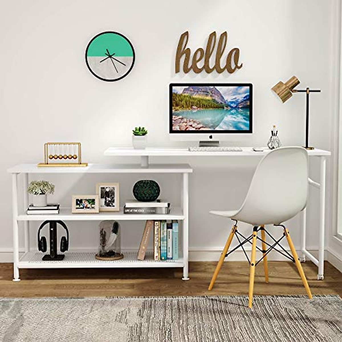 Tribesigns Modern L-Shaped Desk with Storage Shelves, 360°Rotating Desk Corner Computer Desk Study Writing Table Workstation with Open Shelves for Home Office, High Glossy Finish (White)