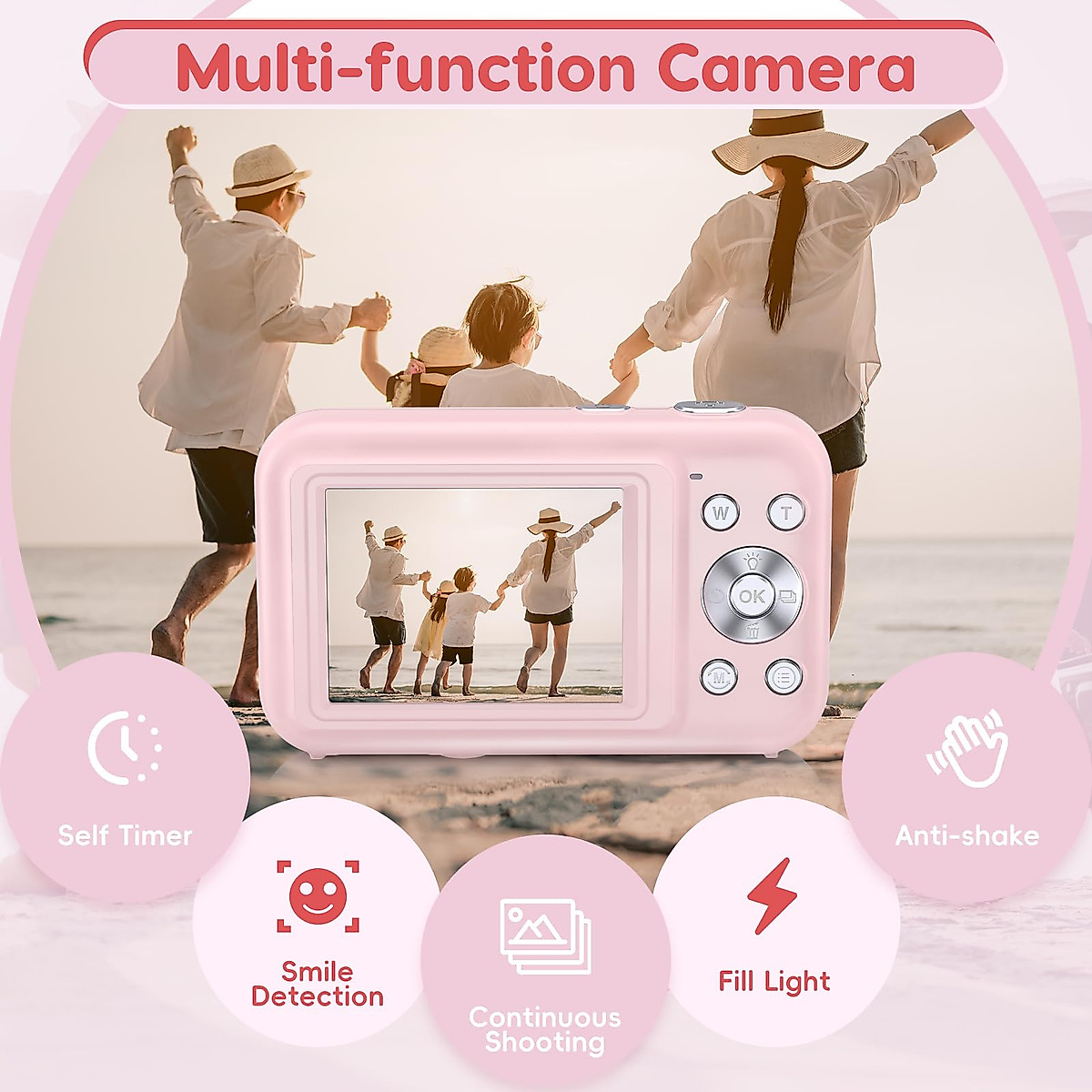 Digital Camera, FHD 1080P Kids Camera 44MP Point and Shoot Camera 16X Zoom Compact Small Photography Camera for Kids with 32G Card & 2 Batteries Portable Camera Gift for Girl Boy Students Teens (Pink)