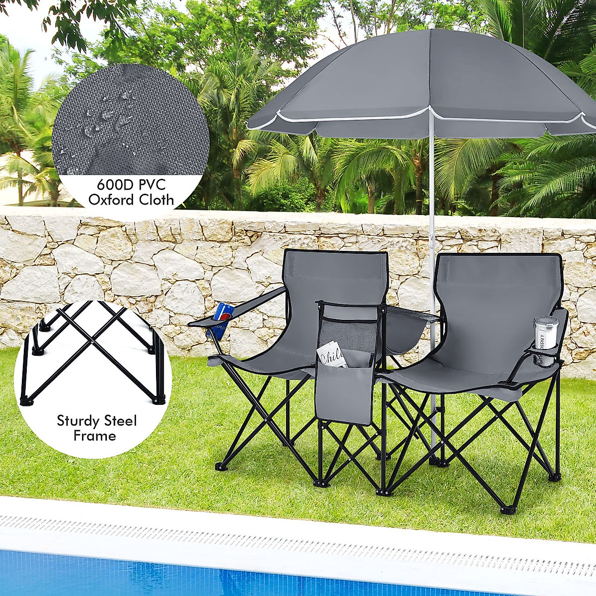 OP70621GR Double Portable Picnic Chairs, Grey