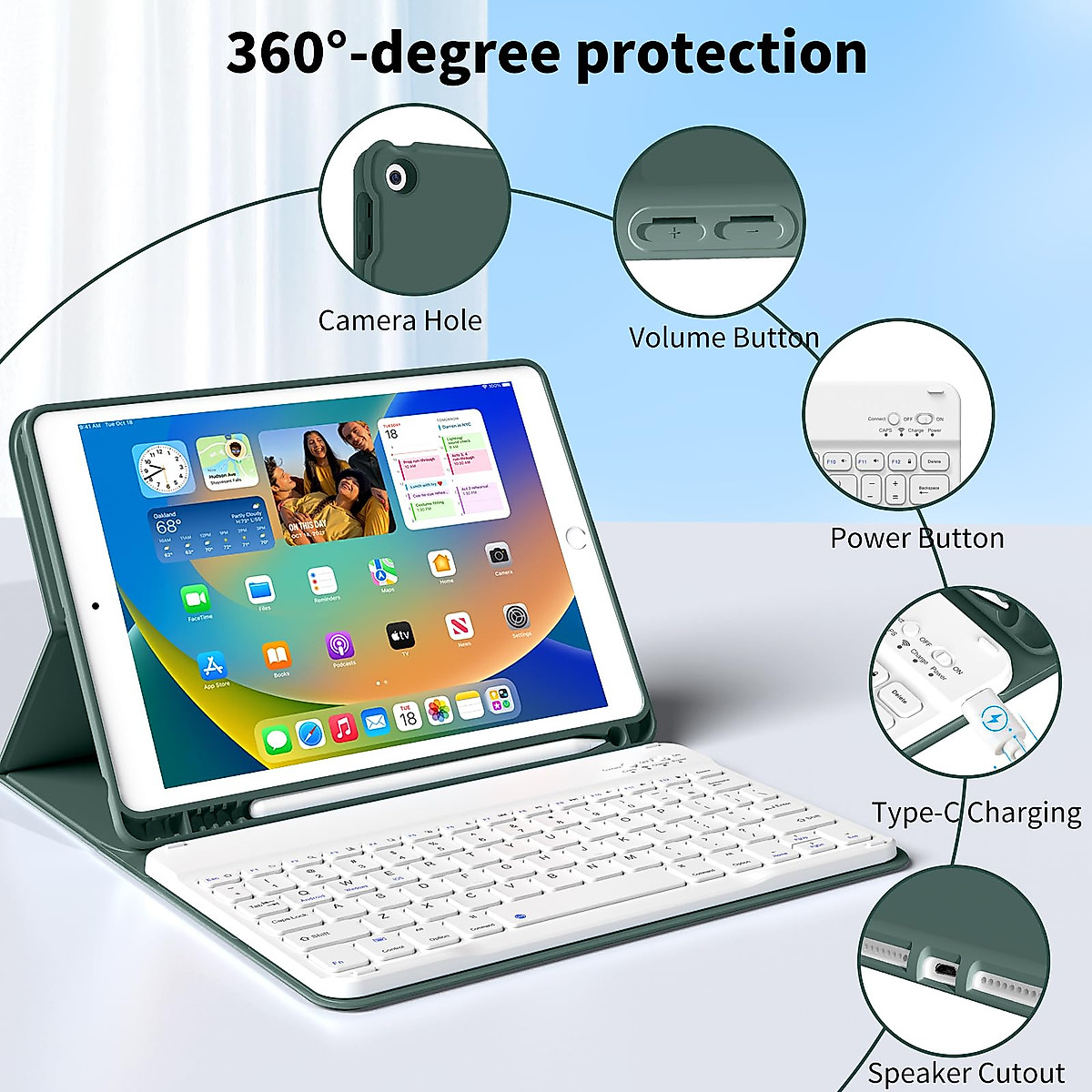 Keyboard Case for iPad 9th/8th/7th Generation 10.2 Inch 2021/2020/2019, Soft TPU Back Stand Cover Smart Case with Pencil Holder, Magnetically Detachable Wireless Bluetooth Keyboard, Dark Green
