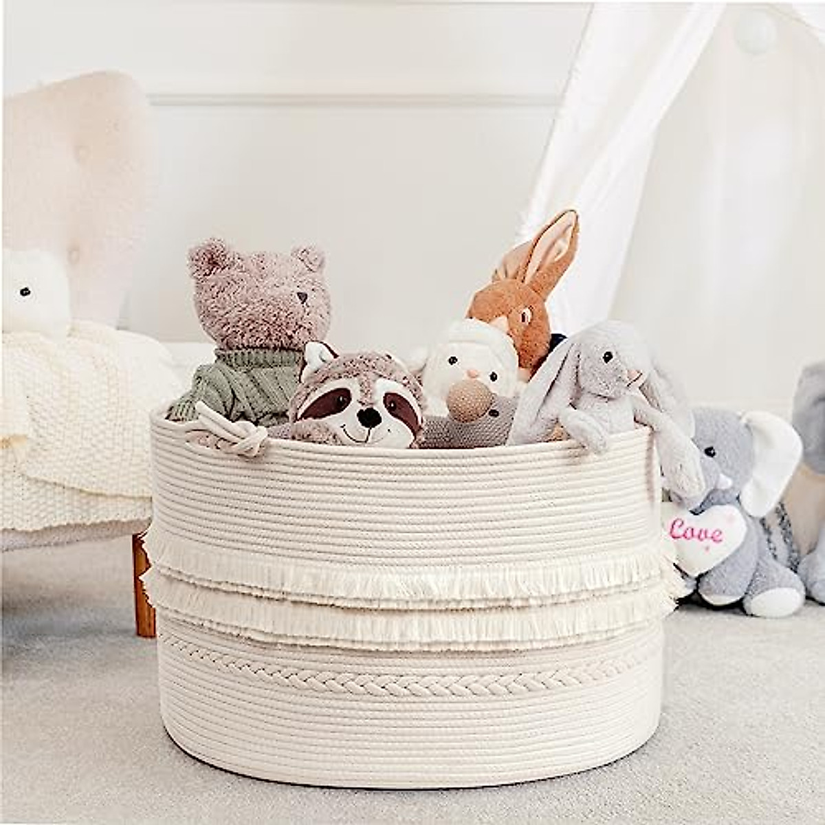 TIMEYARD Large Decorative Basket, 21.7'' x 13.8'' Cotton Rope Blanket Basket Living Room Toy Baskets Storage Kids, Baby Laundry Baskets for Dirty Clothes Pillows Towel, 90L White