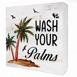 Wash Your Palms Wood Box Sign Home Decor Rustic Bathroom Quote Wooden Box Sign Block Plaque for Wall Tabletop Desk Home Bathroom Decoration 5" x 5"