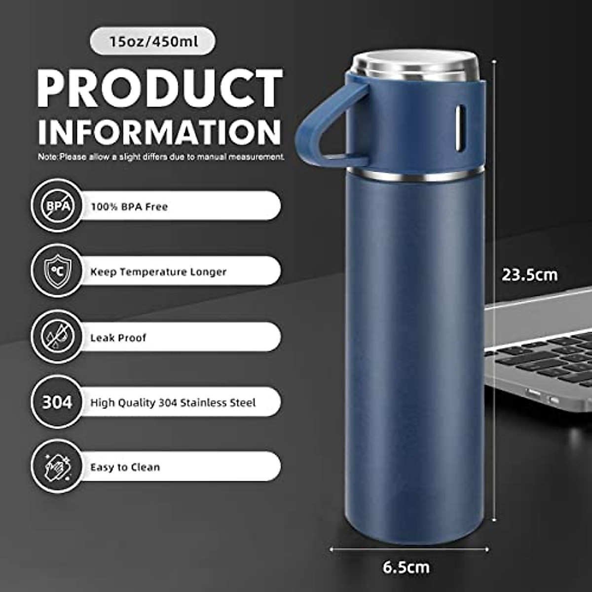 Coffee Thermos Stainless Steel Vacuum-Insulated Water Bottle, 500ml/16.9oz Insulated Bottle with Cup for Hot & Cold Drink Travel Mug (Blue, Three Cup)