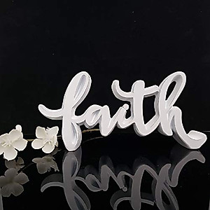 Birch & Bliss – Faith – Small Distressed White Tabletop Script Word Decor (6.75in x 3in) Modern Farmhouse Resin Standing Words - Inspirational Gifts | Spring - Wedding Decor
