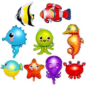 10 Pieces Sea Animals Balloons Ocean Foil Balloons Large Fish Balloons Cartoon Sea Creature Balloons for Boys Girls Under The Sea Themed Birthday Party Baby Shower Decorations, 10 Styles