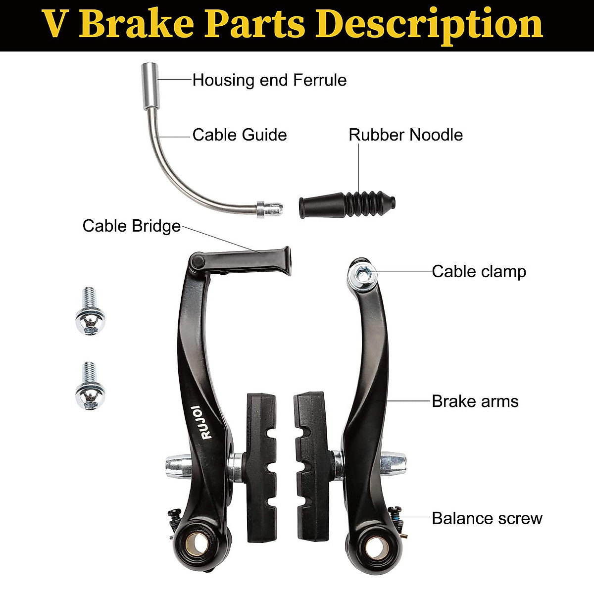 RUJOI Bike Brakes Set,Mountain Bike V Brakes Type,V-Brake Replacement Set for MTB, Road Bike,BMX,E Bike Black (2 Pack)