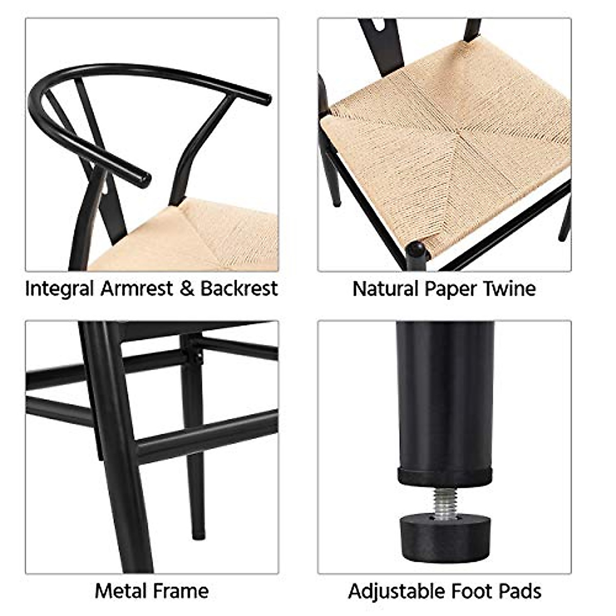 Yaheetech Set of 4 Weave Chair Mid-Century Metal Dining Chair Y-Shaped Backrest Hemp Seat, Black