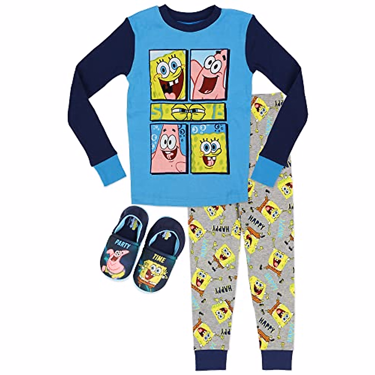 Spongebob Squarepants Boys 2 Piece Pajama Set with Slippers, Size 8 Navy