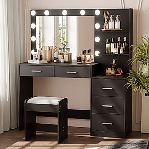 Rovaurx 46.7" Makeup Vanity Table with Lighted Mirror, Large Vanity Desk with Storage Shelf & 5 Drawers, Bedroom Dressing Table, 11 LED Lights, Black