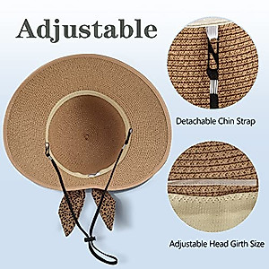 Straw Sun Hat for Women Summer Beach Wide Brim UV Protection Hats with Chin Strap Leopard Khaki Floppy Foldable Packable Ladies Fashion Cute Travel UPF 50 Cap sombreros de playa para mujer para el sol
