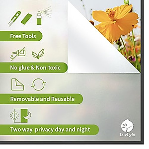LuvLyfe Window Privacy Film Frosted Glass Window Film with Tools, UV Blocking Window Tint, Non Adhesive Static Cling Removeable Window Clings for Bathroom, Bedroom and Office(Pure, 17.5" * 78.7")