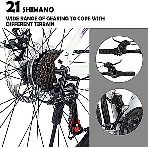Elecony 26 inch Mountain Bike for Teenagers Girls Women, Shimano 21 Speeds Gear MTB with Dual Disc Brakes and 100mm Front Suspension, White/Pink