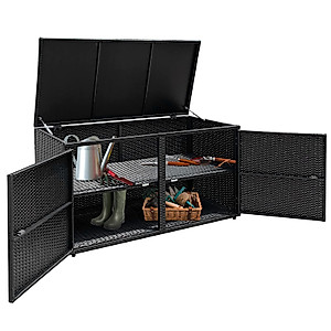 HAPPYGRILL Deck Box Outdoor Wicker Storage Box Cabinet, 88 Gallon Patio Rattan Storage Container Bin Box for Furniture Tools in Garden Balcony Porch Yard