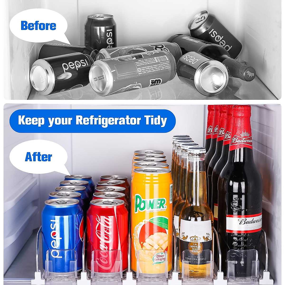 BAILABA Drink Organizer for Fridge, Width Adjustable Soda Can Dispenser for Refrigerator, Drink Organizer for Fridge with 5 Rows, Beer Pop Can Water Bottle Storage for Pantry