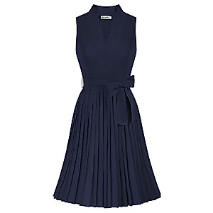 GRACE KARIN Women Elegant High Waist Pleated Dress A-line Solid Funeral Dress Navy Blue L