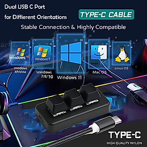 iKKEGOL Mini USB Type C Wired 3 Key Mechanical Keypad 9 Keys Fully Progammable Macro Gaming Keyboard,One- Handed Control RGB Light HID Pad (Black)