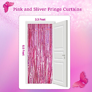 4 Pack 3.3×6.5 ft Metallic Tinsel Foil Fringe Curtains Decor Streamers Photo Booth Backdrop Fringe Backdrop for Birthday Wedding Engagement Baby Shower Holiday Party Decorations(Pink and Sliver)