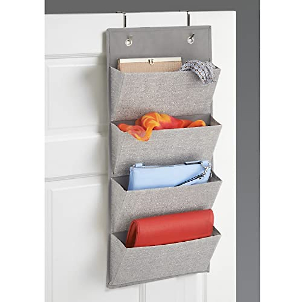 mDesign Soft Fabric Over The Door Hanging Storage Organizer with 4 Large Pockets for Closets in Bedrooms, Hallway, Entryway, Mudroom - Hooks Included - Textured Print, 2 Pack - Gray