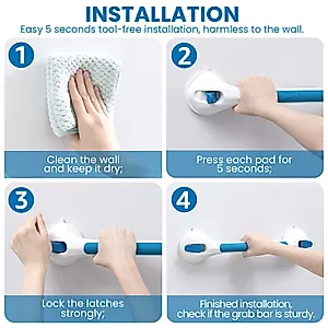 LEVERLOC Shower Grab Bars for Bathtubs and Showers, Easy to Install Suction Shower Handle for Bathroom Removable Safety Grip for Seniors Elderly, Heavy Duty Handrails Waterproof No Drilling, Bule