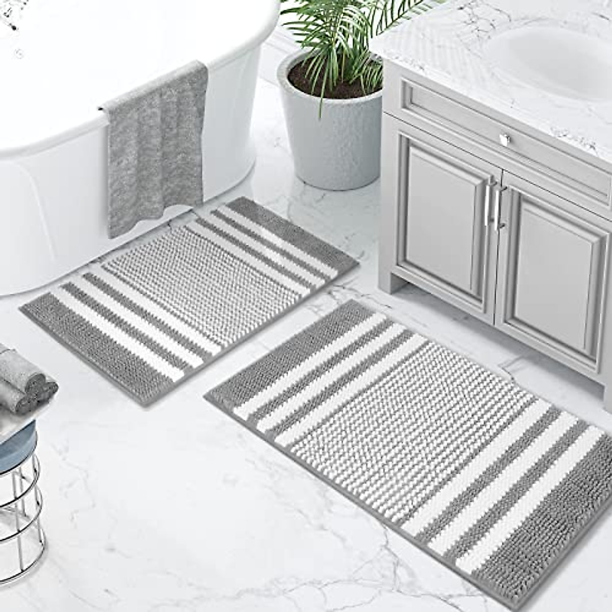 Tindbea Bathroom Rugs Set 2 Piece, Extra Soft and Absorbent Fluffy Striped Chenille Bath Mat Rug Set, Non Slip Bathroom Floor Mat, Machine Washable (20" x 32" Plus 16" x 24", Gray)