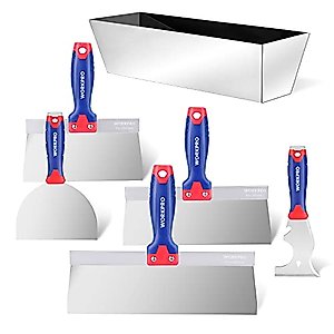 WORKPRO Drywall Tools, Stainless Steel Putty Knife Taping Knife 8 in 1 Painting Scraper with Mud Pan, Spackle Knife Set for Drywall Repairing, Paint Scraping and Wallpaper Removing