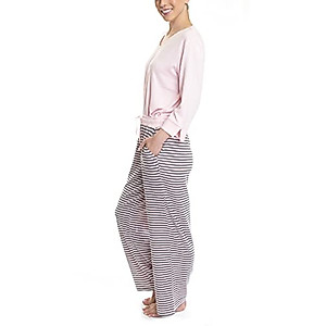 Hanes Women's Butter Knit 3/4 V-Neck Sleep Top and Pajama Pant Lounge & Sleep Set Pink/Stripe