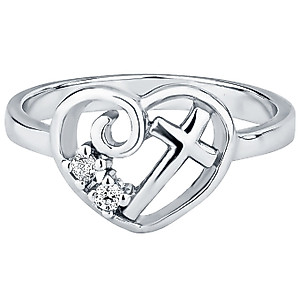 Kinzie Fashion Christian Promise Ring for Her: Sterling Silver CZ Simulated Diamond Heart & Cross Promise Ring, S9