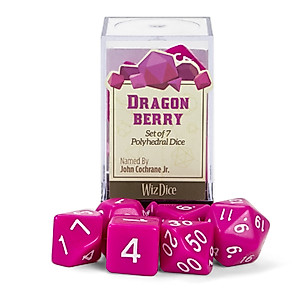 Wiz Dice Dragonberry Set of 7 Polyhedral Dice, Solid Neon Magenta Pink Tabletop RPG Dice with Clear Display Box