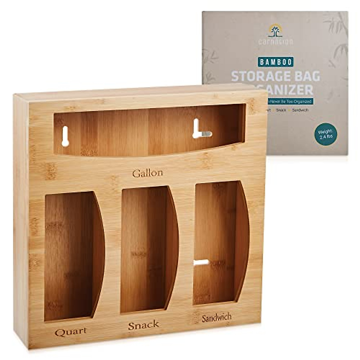 Carnation Brands Bamboo Ziplock Bag Organizer for Drawer - Rustic Brown Dispenser Kitchen Organization Pre-Assembled Baggie Storage to Minimize Clutter 12-''x12-''x3-''