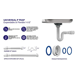 EasyDrain Universal P Trap - Expandable & Flexible ONE Side is a 1-1/2" NUT and The Drain Side is A Straight Drain Tube in 4 Common Sizes