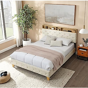 Haplized Queen Size Bed Frame with Storage, Shelf Upholstered Headboard, Platform Bed with Outlet & USB Ports, Wood Legs, No Box Spring Needed, Easy Assembly, Beige