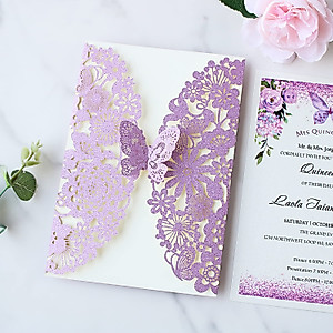 Hosmsua 5.1x7.3'' 50PCS Purple Glitter Quinceanera Invitation Kit Laser Cut Flora Butterfly Invitation Cards Pocket with Envelopes for Bridal Shower Sweet 16 Wedding Invitation (Purple Glitter)