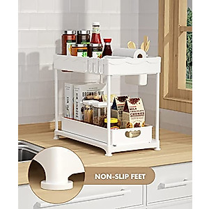 MERRYBOX 2 Pack Under Sink Organizers and Storage, Sliding Under Bathroom Cabinet Organizer, 2 Tier Kitchen Under Sink Organizer Pull Out Drawer with 8 Hooks, 2 Hanging Cups, 8 Non-Slip Feet, White