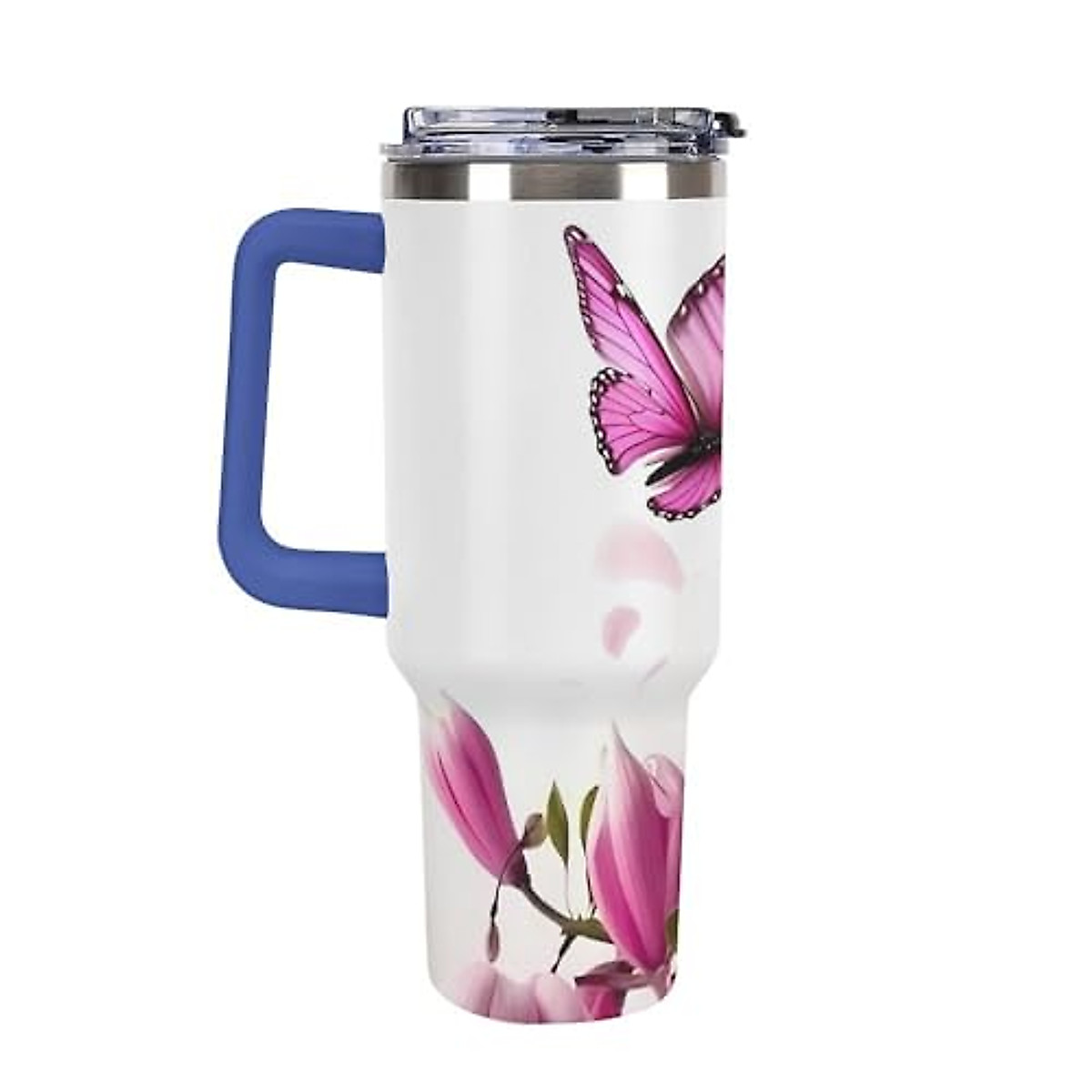 Magnolia Plant Flora Butterfly 40 Oz Stainless Steel Cup Travel Tumbler with Handle and Straw Lightweight Coffee Mug for Home Office