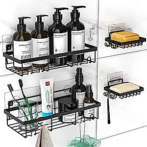 Yebicola Pack of 4 Black Shower Caddy, Self Adhesive, No Drilling, Bathroom Shower Organizer with Soap Holder and 12 Hooks, Rustproof Stainless Steel Shower Shelves for Inside Shower