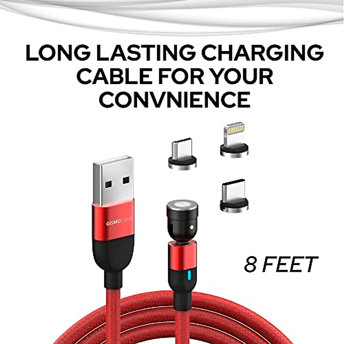 Magnetic Charging Cable - 360 Degree Rotating Charger - Removable Connectors - Nylon Braided Cord - Fast Charging for Multiple Devices - Unbreakable 8ft Nylon Cord