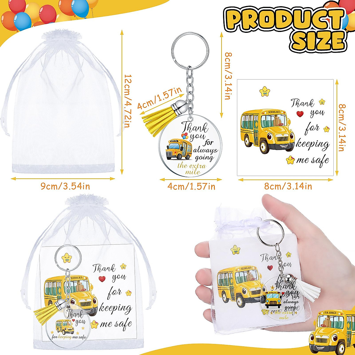Geetery 24 Set Thanksgiving School Bus Driver Appreciation Gifts Christmas Gifts for Bus Driver Acrylic Keychain Gift with Tassel Keychain with Thank You Card and Organza Bag for Retirement Party