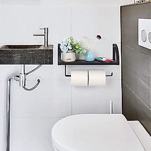 Paper Towel Holder Wall Mount with Shelf Industrial Pine Wood Paper Towel Roll Rack Under Cabinet Spice Rack for Kitchen Bathroom Hanging Paper Towel Holder - Matte Black