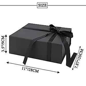 ZQXIZM Gift Box with Lid, Rectangle Proposal Bridesmaid Groomsmen Box, Collapsible Gift Boxes with Magnetic Lid Ribbon Paper Filler (11x7.8x3.5 Inches, Black)