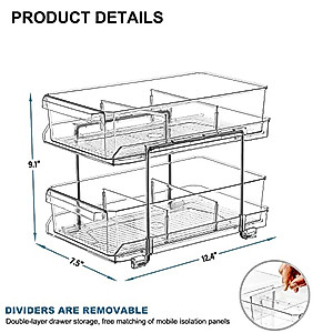 shopwithgreen 2 Tier Clear Organizers and Storage with Dividers, Pull Out Under Sink Organizer, Multi-Purpose Drawer Basket, Kitchen Bathroom Countertop Vanity, Medicine Cabinet Office Storage Bins