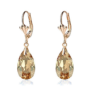 Austrian Crystal Teardrop Leverback Dangle Earrings for Women Fashion 14K Gold Plated Hypoallergenic Jewelry (Topaz)
