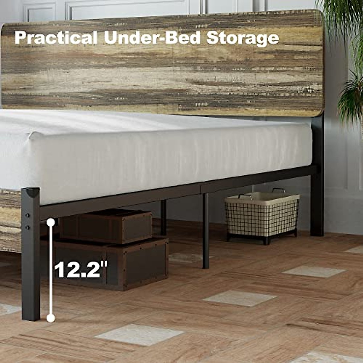 LIKIMIO King Bed Frame, Platform Bed Frame King with Headboard and Strong Steel Slat Support, Easy Assembly, No Box Spring Needed, Rustic Brown