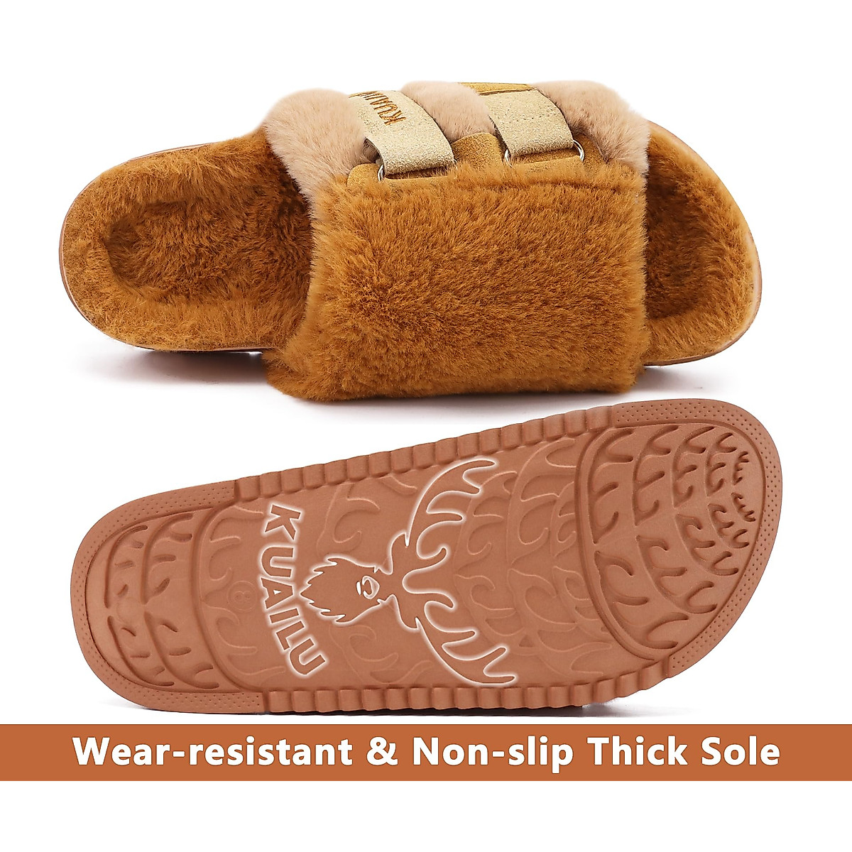 KuaiLu Womens Fuzzy Platform Open Toe Slippers with Arch Support Fluffy Furry Slides Orthotic Faux Fur Sandals house Indoor Outdoor Camel Size 9