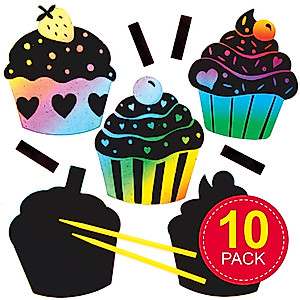 Baker Ross AT390 Cupcake Scratch Art Fridge Magents - Pack of 10, Rainbow Scratch Paper with Stylus for Kids to Decorate in Arts and Crafts Activities