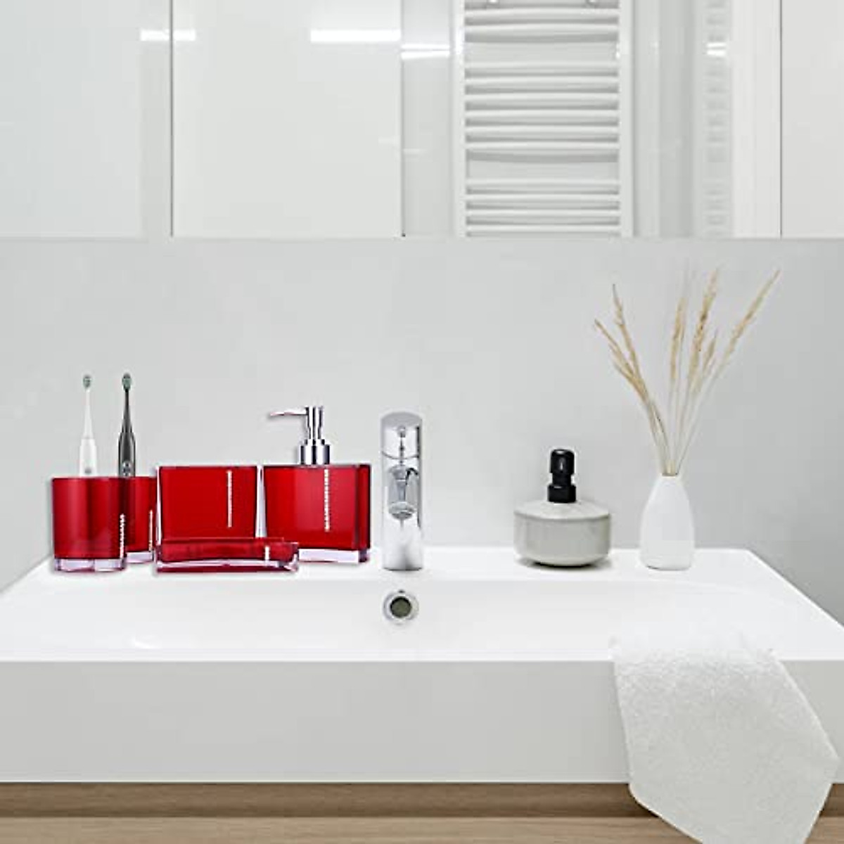 Bathroom Accessory Set, 5Pcs/Set Resin Bathroom Accessory, Modern Bath Decor Set, Including Emulsion Bottle Toothbrush Holder Soap Dish Gargle Cup, Red