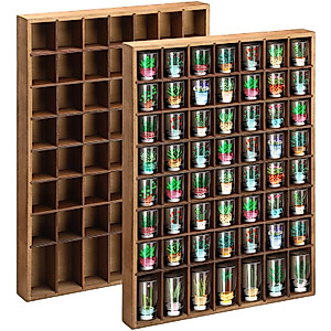 Barydat Shot Glass Display Case Wood Shot Glass Holder 56 Compartments Shot Glass Shelf Wall-Mounted Rustic Glass Bar Cabinet(Brown, 2 Pcs)