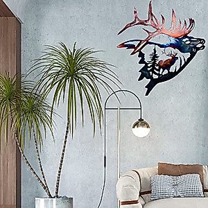 15'' Rustic Metal Elk art Wall Decor Unique Cabin Hunting Reindeer Wall Decor for Living Room, Bedroom, Bathroom Indoor,Farm Outdoor - Family Artwork Handcraft Gift