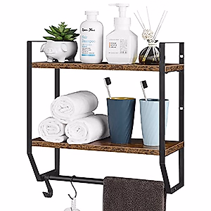 ETELI Bathroom Wall Shelf 2 Tier Towel Rack with Shelf Wall Mount Wood Storage Rack with Towel Bar, Brown